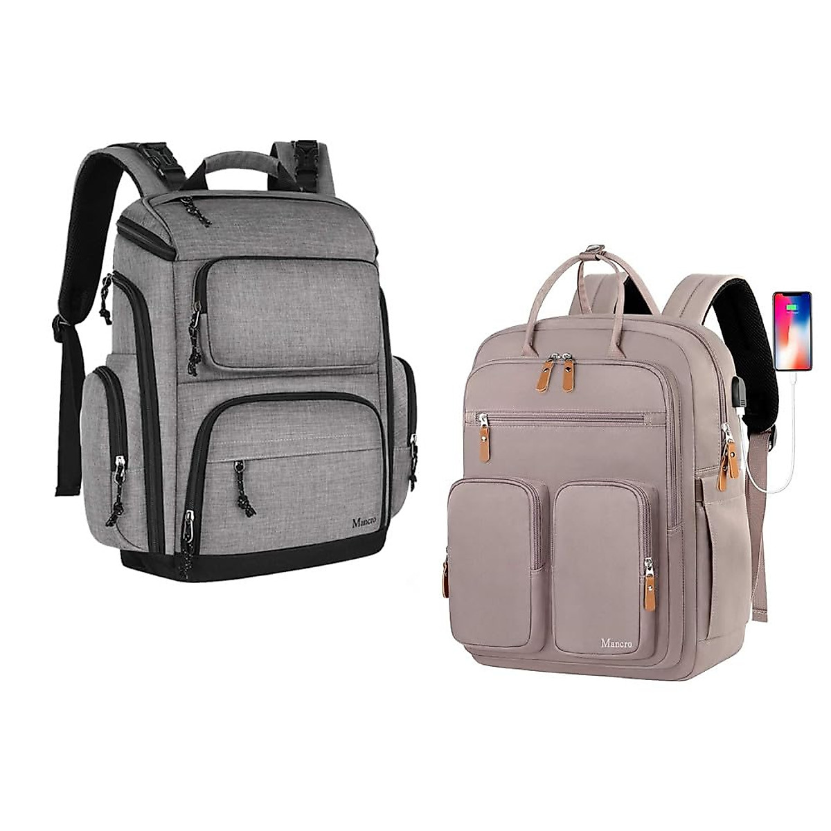 Mancro Diaper Bag Backpack, Large Bady Bag, Multifunction Maternity Baby Nappy Bag for Dad & Mom with Changing Pad, USB Charging Port, Insulated Pockets, Laptop Pocket and Stroller Straps