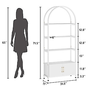 GarveeHome Arched Bookshelf, Modern Bookcase with Doors Storage, 71.5" Tall Freestanding Book Shelf with Studry Metal Frame, 4-Tier Arched Bookcase, Display Rack Shelf for Office,Bedroom, White