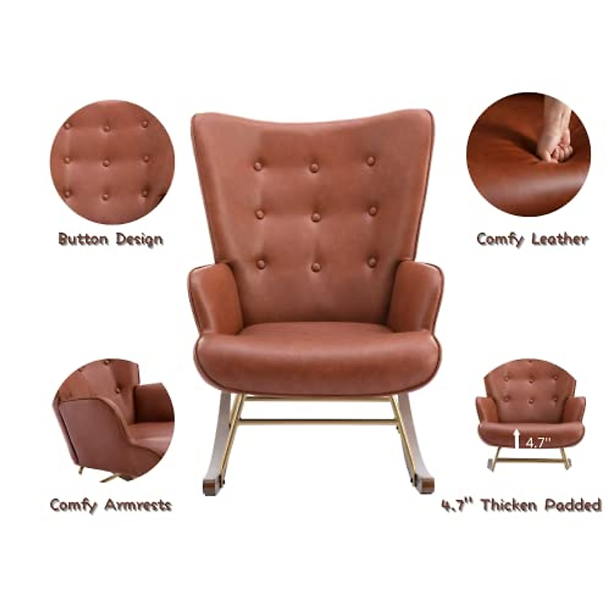 CIMOTA Leather Rocking Chair Nursery, Modern Armchair Tufted Wingback Comfy Rocker Chair with Thick Padded Seat for Nursery/Bedroom/Living Room, Faux Leather Retro Brown