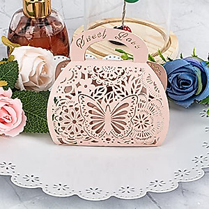 25PCS Pink Laser Cut Favor Boxes, Small Butterfly Wedding Boxes with Handle, Party Favor Boxes Small Gift Boxes Candy Boxes for Birthday Parties, Baby Shower, Bridal Showers, Anniversary (3.5"x2"x3")