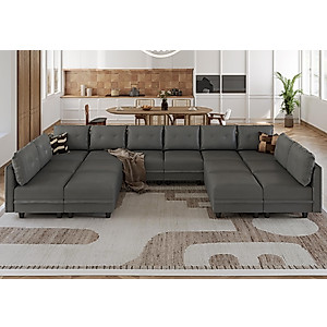 LLappuil Modular Sectional Sofa with Storage, Oversized Couch 14 Seater U Shaped Sofa with Chaise, Faux Leather Fabric Large Sectional Couch with Ottoman, Dark Grey