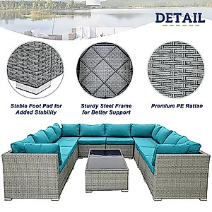 EAGLE PEAK 12 Piece Outdoor Wicker Patio Furniture Set with 2 Coffee Tables, PE Rattan Sectional Conversation Sofa Set with Seating for 10 People, Light Blue
