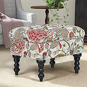 Adeco 20’’ Tufted Ottoman- Vanity Ottoman Stool with Sturdy Wood Legs- Mid-Century Upholstered Foot Rest (Red)