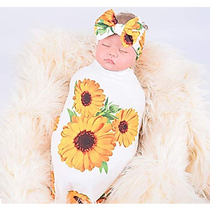 Thorn Tree Newborn Baby Girl Receiving Blankets Infant Baby Sunflower Swaddling+Bowknot Headbands 2Pcs for Cute Baby (0-3 Months,White Baby Wrap Blanket)