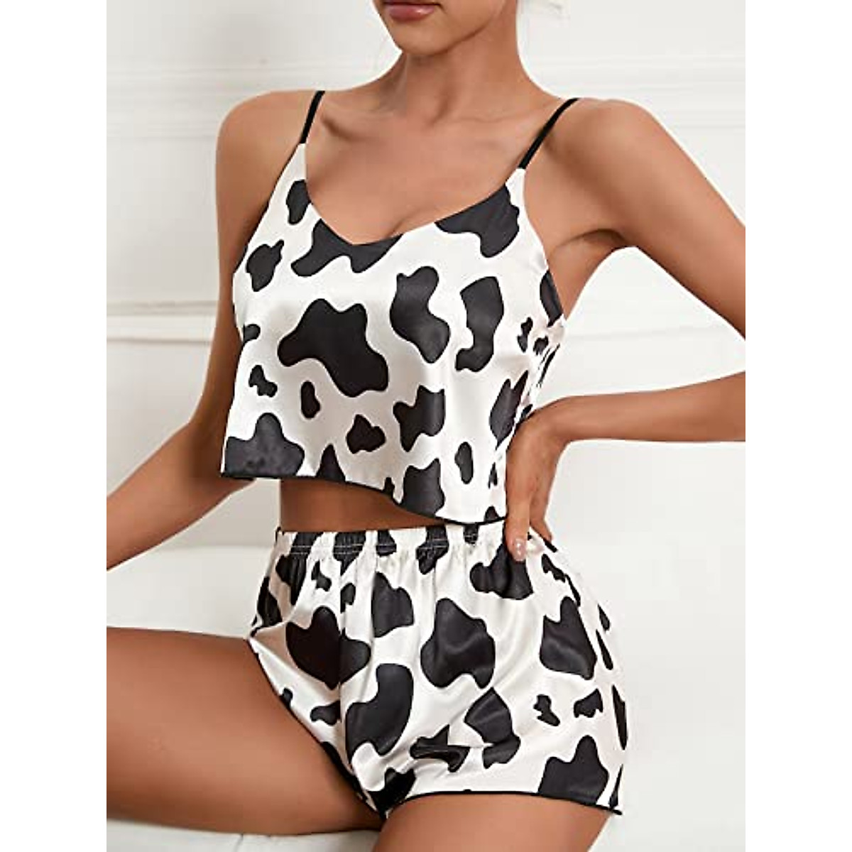 WDIRARA Women's Sleepwear Cute Print Lettuce Trim Cami and Shorts Pajama Set White Black Cow S