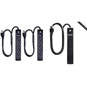 GE 6 Grounded Outlet Surge Protector, 450 Joules, 2 Pack Power Strip, 3 Ft Long Extension Cord & 6 Outlet Power Strip, 6 Ft Cord, Wall Mount, Integrated Circuit Breaker, 120VAC, 15A, 1800W, Black