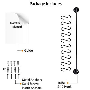 Wallniture 24" Gourmet Kitchen Rail for with 10 S Hooks for Hanging Utensils, Pot Pan Lid Rack Storage Organizer Set, Steel, Black