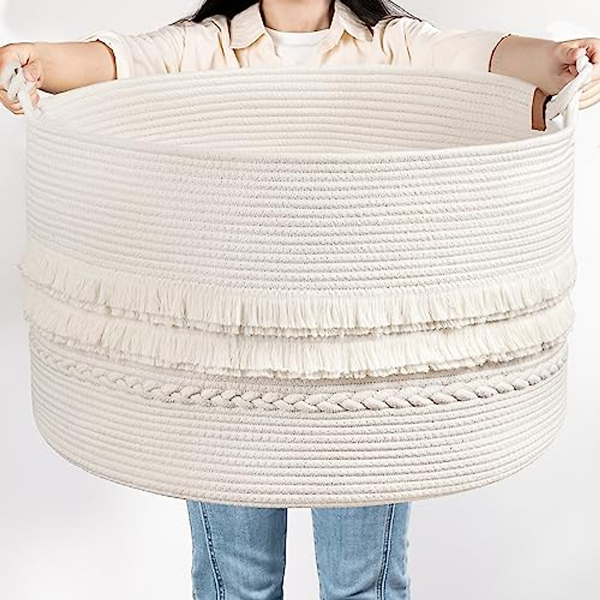 TIMEYARD Large Decorative Basket, 21.7'' x 13.8'' Cotton Rope Blanket Basket Living Room Toy Baskets Storage Kids, Baby Laundry Baskets for Dirty Clothes Pillows Towel, 90L White