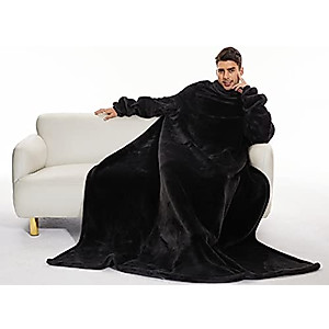 TITIZLK Wearable Blanket Adult, Super Soft Faux Fur Throw Blanket, 61x80, with a Foot Pocket, Large, Blanket with Sleeves, (Black, 62x80)