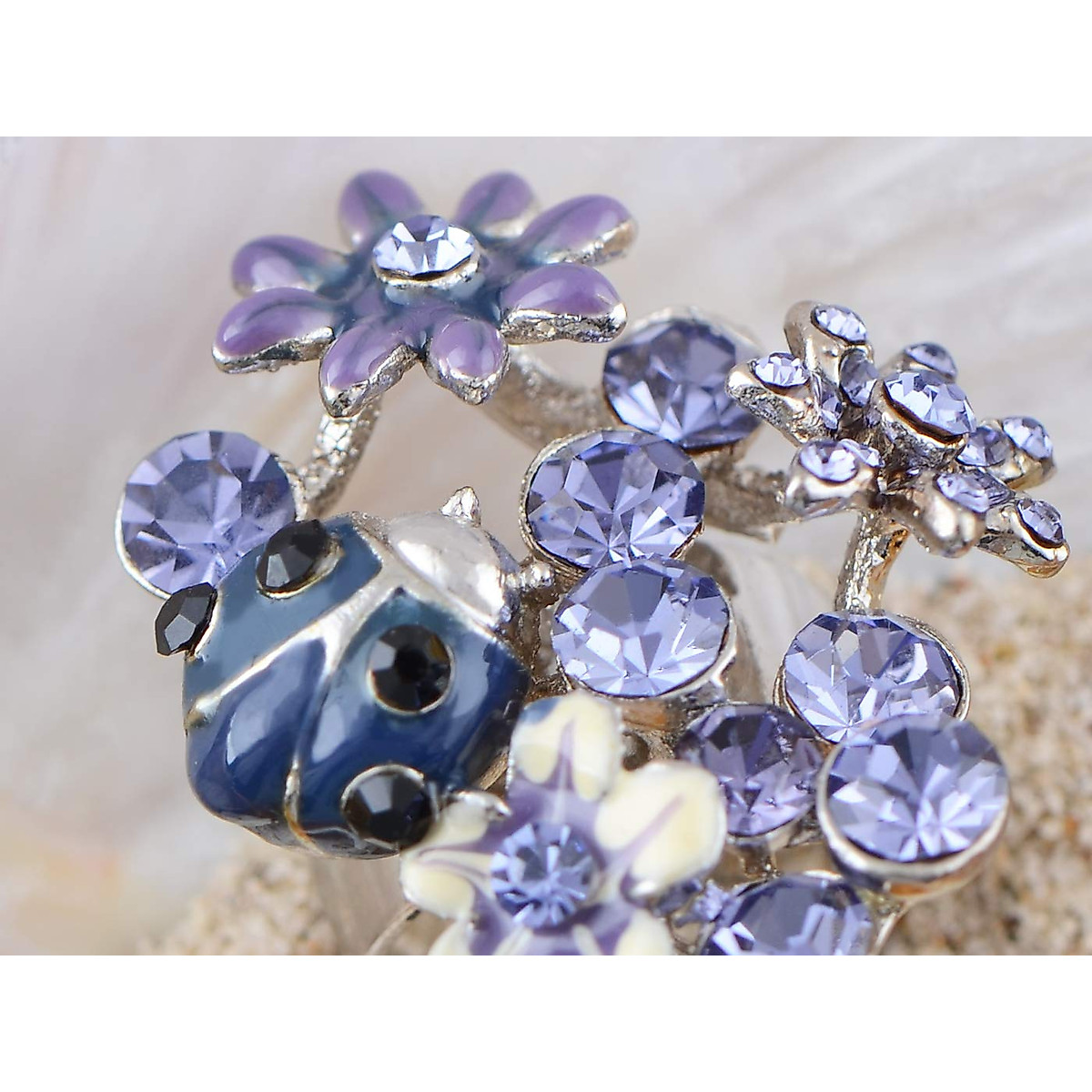 Alilang Womens Adjustable Silvery Tone Purple Rhinestones Spring Floral Flowers Ladybug Ring