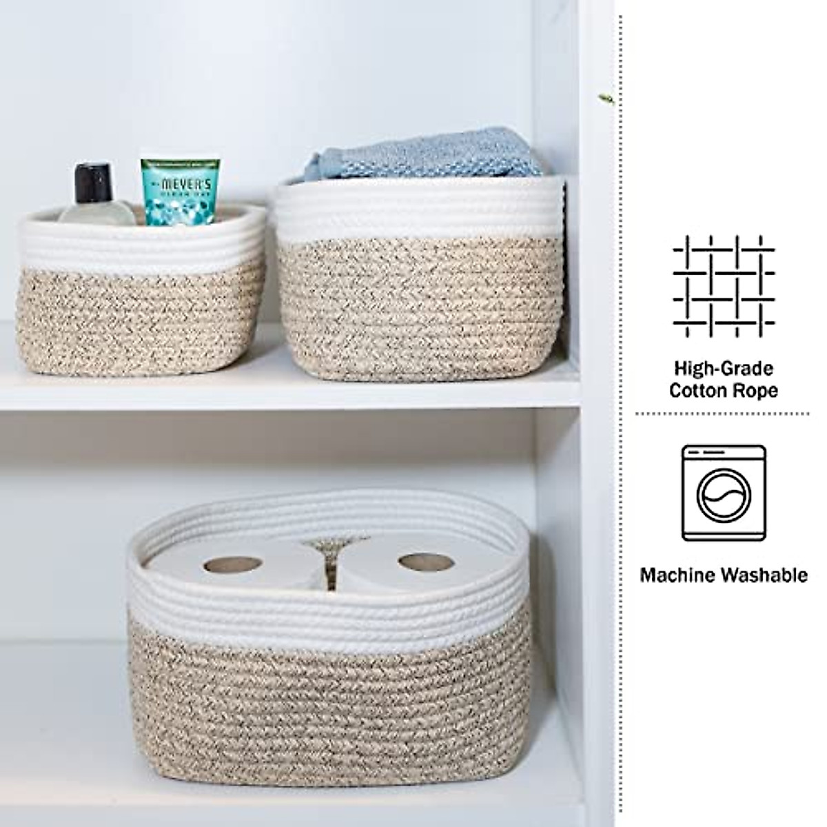Home-Complete 3-Piece Set Small, Medium, and Large Rope Baskets for Makeup, Towel, Nursery, Office and Classroom Storage, White and Natural