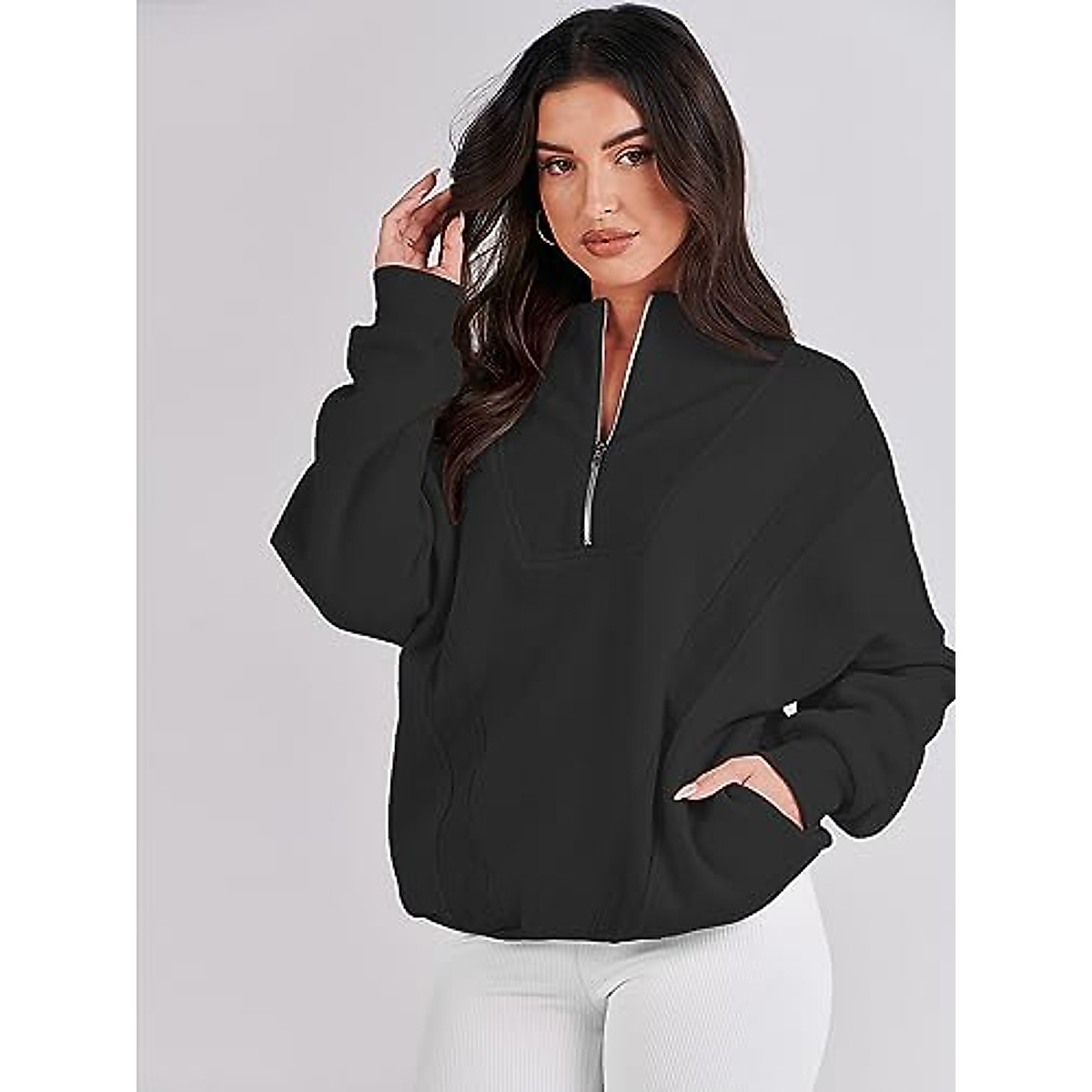 Caracilia Womens Half Zip Sweatshirts Long Sleeve Oversized Cute Hoodies Teen Girls Y2K Fall Winter Trendy Quarter Zip Loose Fit Outfits Sweater 2023 Fall Fashion C115A1-heise-XL Black