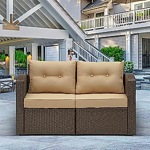 SUNVIVI OUTDOOR Wicker Loveseat Patio Furniture Corner Sofa, 2-Piece All-Weather Wicker Rattan Outdoor Sectional Couch Sofa Set with Brown Non-Slip Cushions, Aluminum Frame（Brown/Beige）