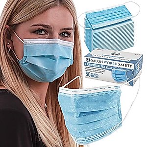 TCP Global Salon World Safety - Sealed Dispenser Box of 50 Face Masks Breathable Disposable 3-Ply Protective PPE with Nose Clip and Ear Loops