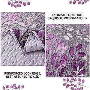 Purple Floral Quilt Set King Size, 3 Pieces Botancal Leaves Bedspread Coverlet Set with 2 Pillowcases for All Season, Soft Microfiber Floral Bedding Set 104"×90"