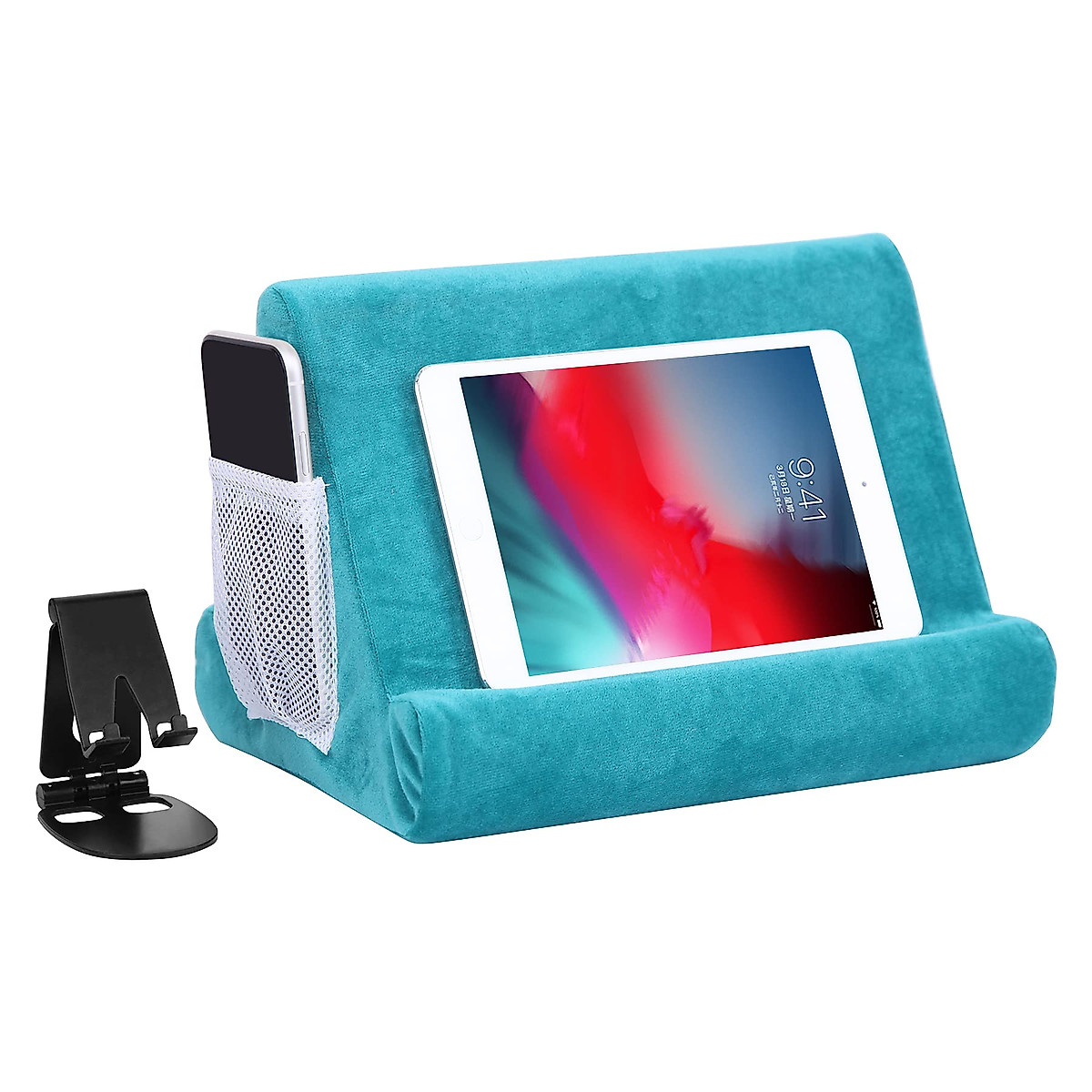 2pcs Multi-Angle Tablet Holder Cushion Stand with Net Pocket & Black Color Phone Stands Upgraded Tablet Pad Support for Phone,Pad,Books (Lakeblue)