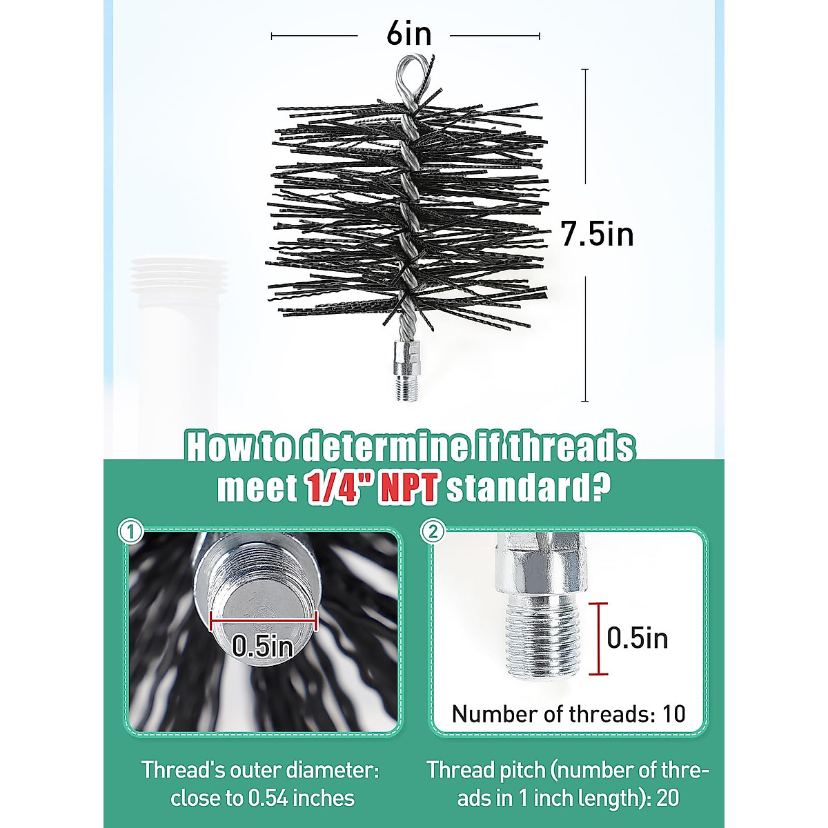 Chimney Cleaning Brush with Standard 1/4" NPT End Fitting- 6 Inch Fiberglass Chimney Brush for Cleaning Chimney Hearth Fireplace