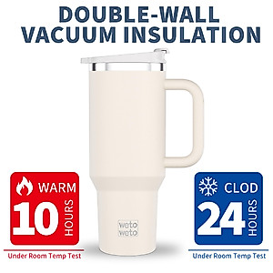 WETOWETO 40oz Tumbler with Handle | Insulated Stainless Steel Travel Mug | 34Hrs Cold & 10Hrs Hot Retention | 100% Leakproof Lid & Straw | Dishwasher Safe + Car Cup Holder Fit (Cream Color)