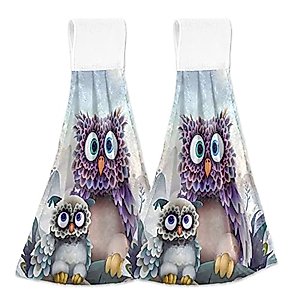 SLHKPNS Purple Owls Kitchen Hanging Hand Towels, Cartoon Art Absorbent Tie Towel with Loop 2 PCS Kitchen Linen Sets for Bathroom Restroom Home Decor, Purple Owl, 14x18in