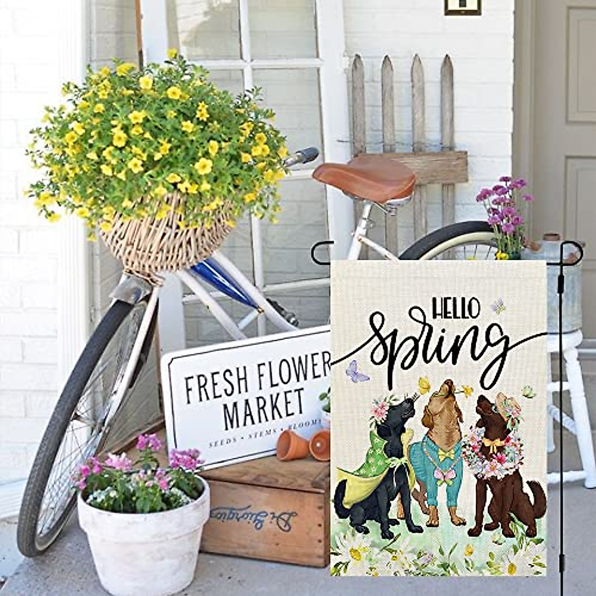 CROWNED BEAUTY Hello Spring Dogs Garden Flag Floral 12x18 Inch Double Sided for Outside Burlap Small Yard Flag CF748-12