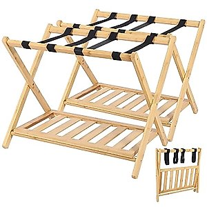 ALAPUR 2 Pack Bamboo Luggage Rack for Guest Room, Folding Luggage Holder with Storage Shelf , Suitcase Stand for Bedroom,Guest Room,Hotel