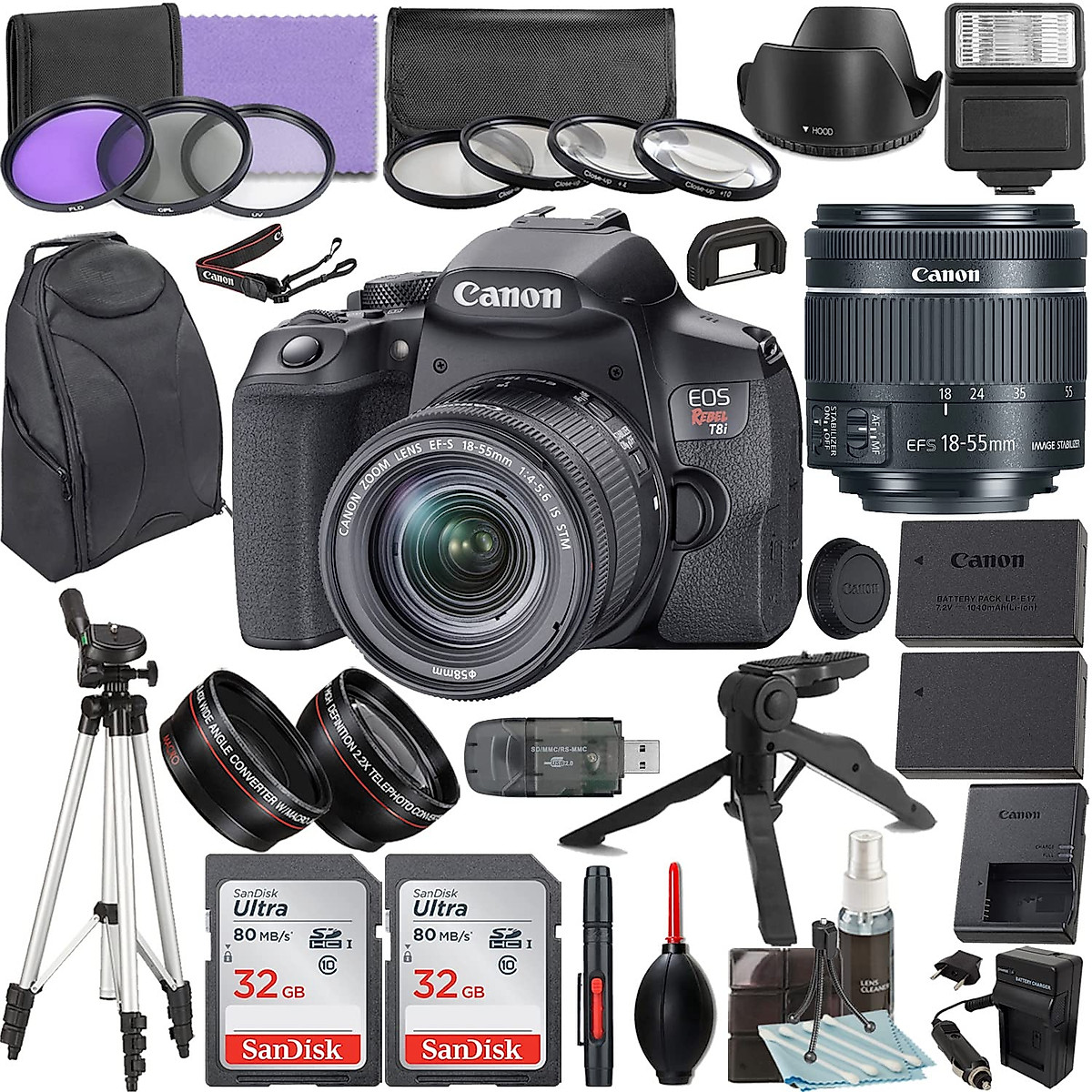 Camera Bundle for Canon EOS Rebel T8i DSLR Camera with EF-S 18-55mm f/4-5.6 is STM Lens and Accessories Kit (64GB, Hand Grip Tripod, Flash, and More)