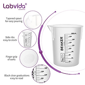 Labvida Plastic Beakers, Vol.2000ml(67.64oz) Stackable Measuring Cup with Black Scale line, Plastic Pitcher PP material Ideal for Science Activities and Household Use, LVB017