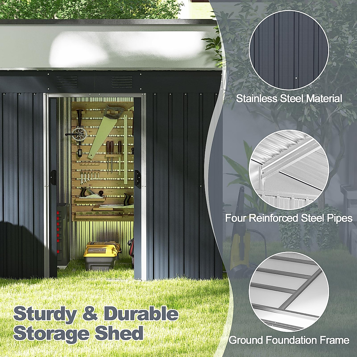 Goplus Outdoor Storage Shed with Floor Foundation, 3.2 FT x 6.7 FT Weather-Resistant Metal Tool Shed w/Air Vents & Lockable Door, Garden Sheds & Outdoor Storage for Outside Backyard, Patio, Lawn