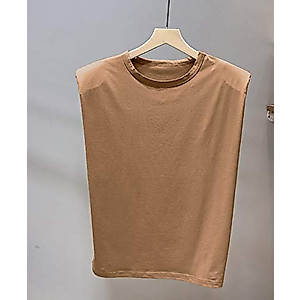 MISSACTIVER Women Summer Loose Slim Tank Top Solid Cotton Sleeveless Vest Round Neck Cami Shoulder Pads T-Shirts (Medium, Khaki)