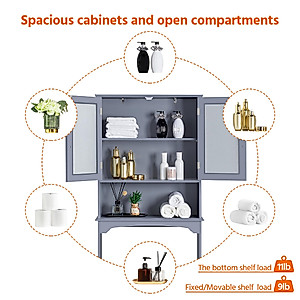 Yaheetech Over The Toilet Storage Cabinet, Free Standing Toilet Rack with Adjustable Shelves and Tempered Glass Doors for Bathroom Washroom, Grey