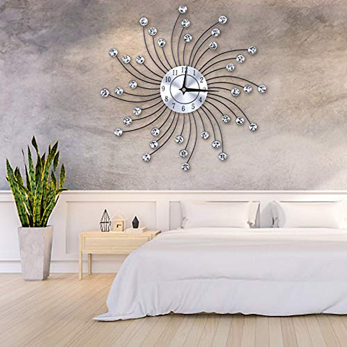 NCONCO Wall Clock, Sparkling Bling Metallic Silver Flower-Shaped Wall Clock for Living Room Officeï¼ˆArc Flowerï¼‰