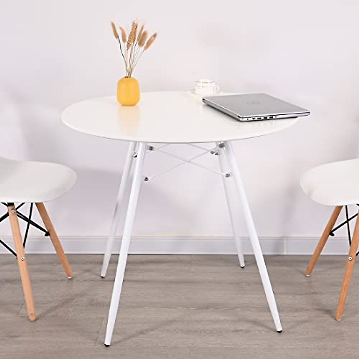 RokiaTek Round Dining Table Dia 31.5" Wood Top Metal Legs Simple Modern Leisure Table for Kitchen Dining Room Cafe Office Conference Coffee Room 2 to 4 People, White