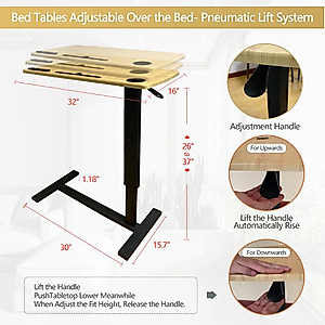 BeGyoku Overbed Table,Hospital Bed Table,Pneumatic Bed Tables Adjustable Over The Bed with Hidden Wheels&USB,Mobile Laptop Table Cart&Rolling Bedside Table with Tray Hospital Home Use-Oak