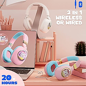 QearFun 7 Colors LED Light Up 3D Cat Headphones Bluetooth, Foldable Cat Ear Wireless On Ear Earphones Gaming Headset with Mic & 3.5mm Jack, Gifts for Kids/Teen Girls/Cat Lover/iPad/Tablet（Pink）