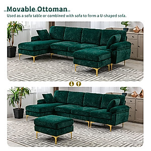 KIVENJAJA U-Shaped Sectional Sofa Couch, Modern Velvet L-Shaped Couch Set with Chaise Lounge, Ottoman and Pillows for Living Room Office Apartment, 114 inches (Emerald Green)