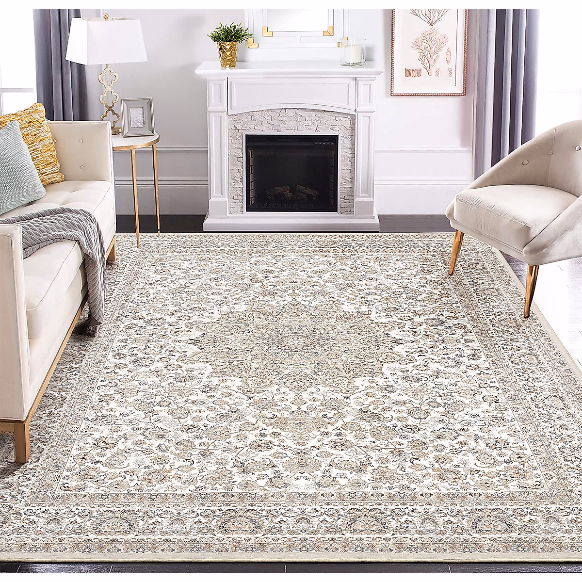 Area Rug Living Room Rugs: 5x7 Large Machine Washable Non Slip Thin Carpet Soft Indoor Luxury Floral Stain Resistant Carpets for Under Dining Table Farmhouse Bedroom Nursery Home Office Beige