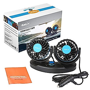 HueLiv Car Fan 12V, Electric Car Cooling Fan with 360 Degree Adjustable Dual Head That Plugs into Cigarette Lighter/Low Noise Automobile Vehicle Fan for Car Truck Van SUV RV Boat