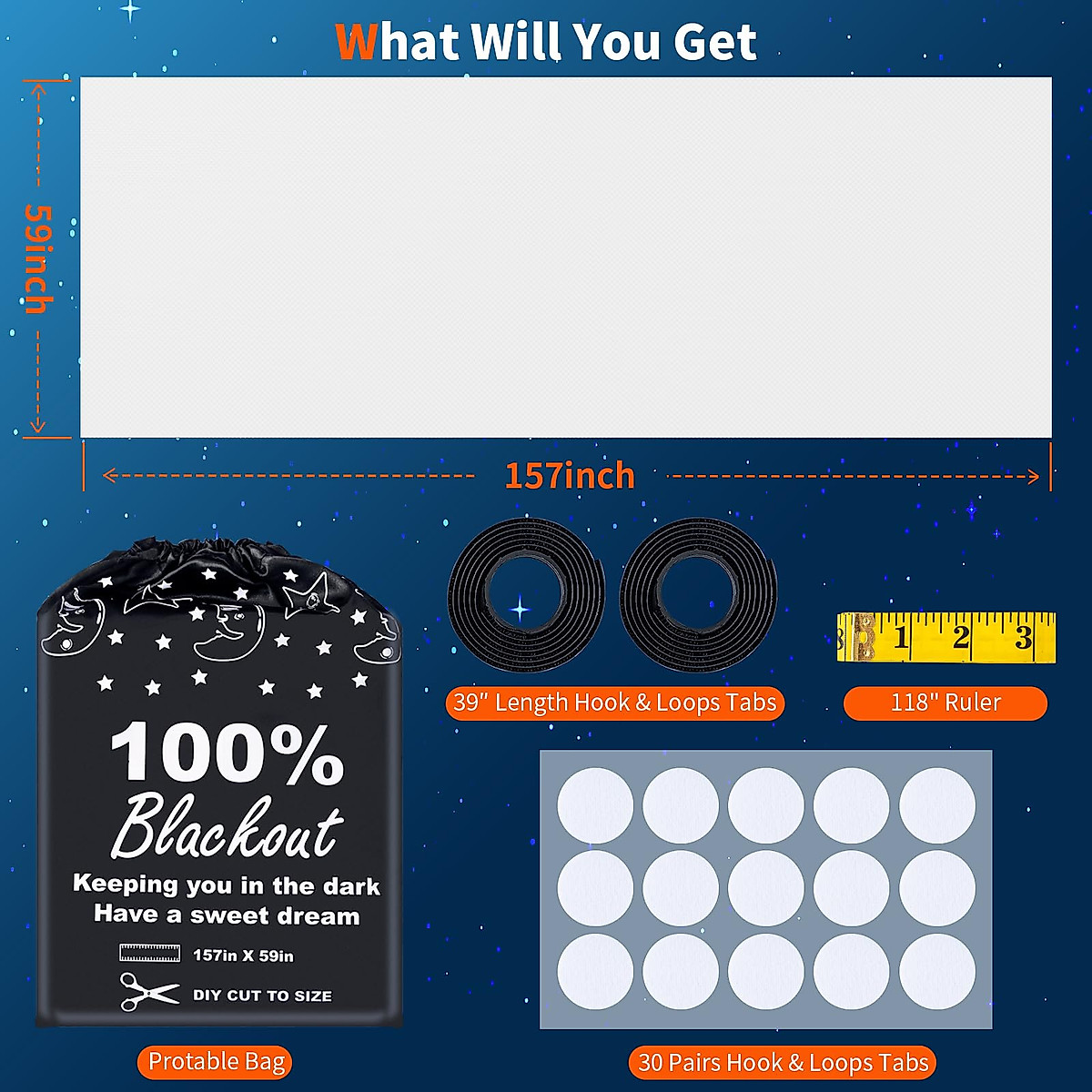 100% Blackout Blind White (157"x 59") Curtains Window Cove [DIY Cut to Any Size or Shape] [Hook & Loop Tabs][ Portable Bags for Travel ] [Light & UV Blocking ] for House,Baby Nursery,Apartment