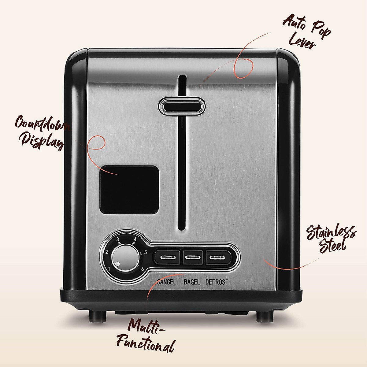 Peach Street 2 Slice Toaster Compact Bread Toaster with Digital Countdown, Wide Slots, Auto-Pop Stainless Steel, 6 Browning Levels, Removable Crumb Tray, with Defrost, Bagel, and Cancel Function