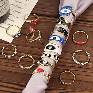 Sanfenly 16Pcs Evil Eye Ring Colorful Enamel Rings Set for Women Gold Plated Chunky Aesthetic Trendy Cubic Zirconia Adjustable Open Ring Lucky Protection Jewelry