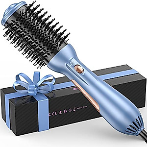 Hair Brush Blow Dryer, One-Step Hair Dryer & Volumizer Styler with Negative Ion Anti-frizz Ceramic Titanium Barrel Hot Air Brush Hair Straightener Brush Blue for Drying, Straightening, Curling, Salon