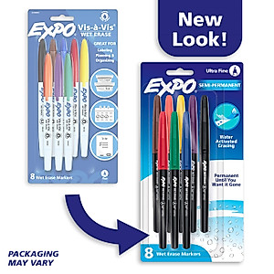 EXPO Vis-à-Vis Wet Erase Markers, Fine Point, Assorted Colors, 12 Count