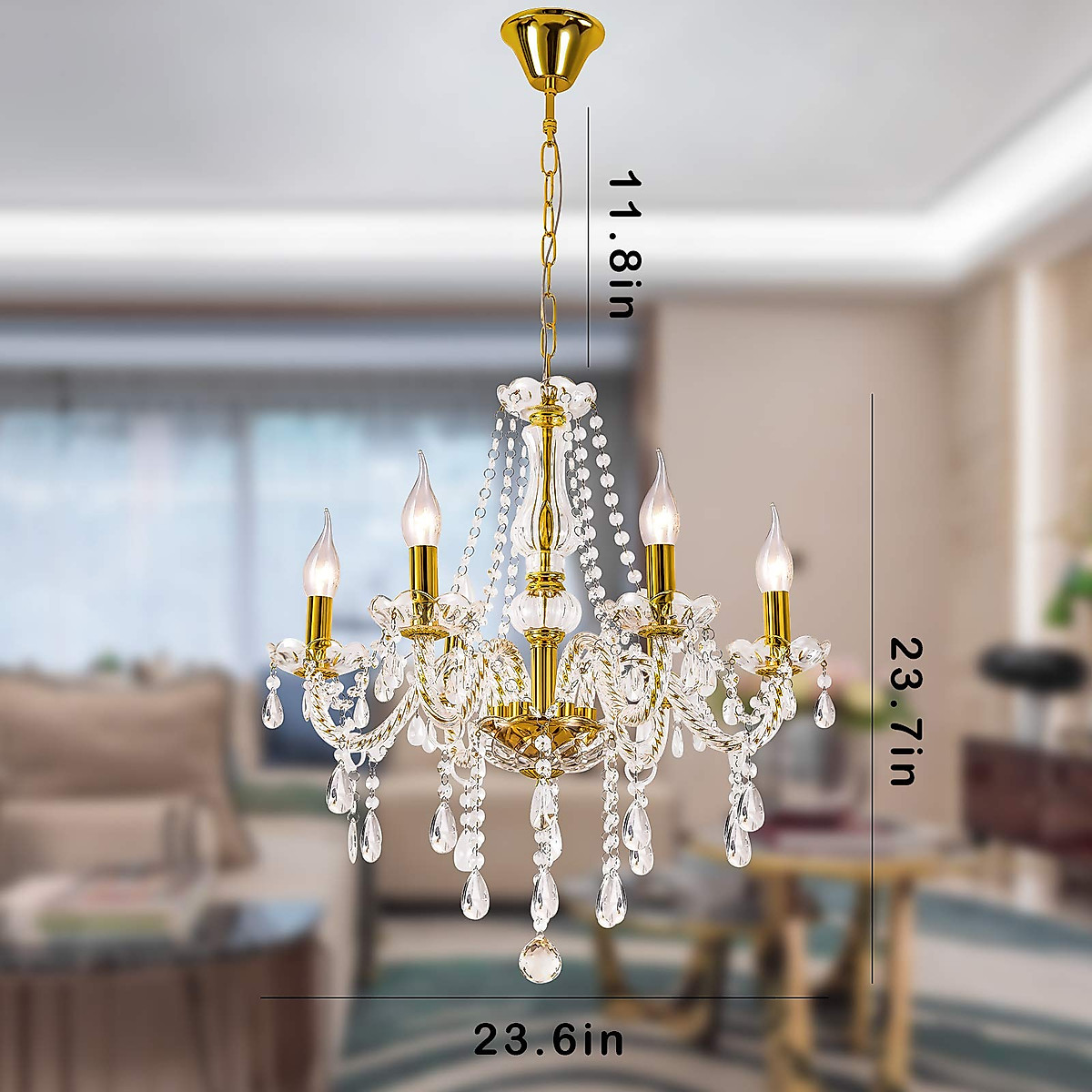 Gold Color Luxurious Candle Crystal Chandelier, 6 Lights K9 Modern Crystal Chandelier for Dining Room, Glass Ceiling Pendant Lamp for Living Bedroom Lighting Hall Balcony (6 Lights, Gold)