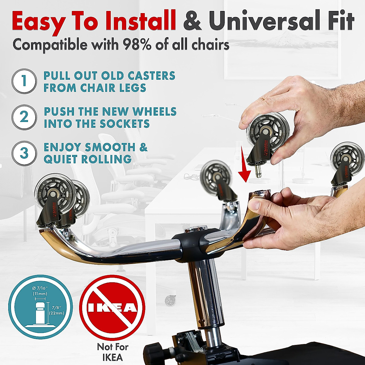 Professional Office Chair Caster Wheels GIFT SET of 5 - PROTECT ALL YOUR FLOORS - 3'' Heavy Duty Replacement Rubber Desk Chair Casters - Best Protection for Your Hardwood Floors