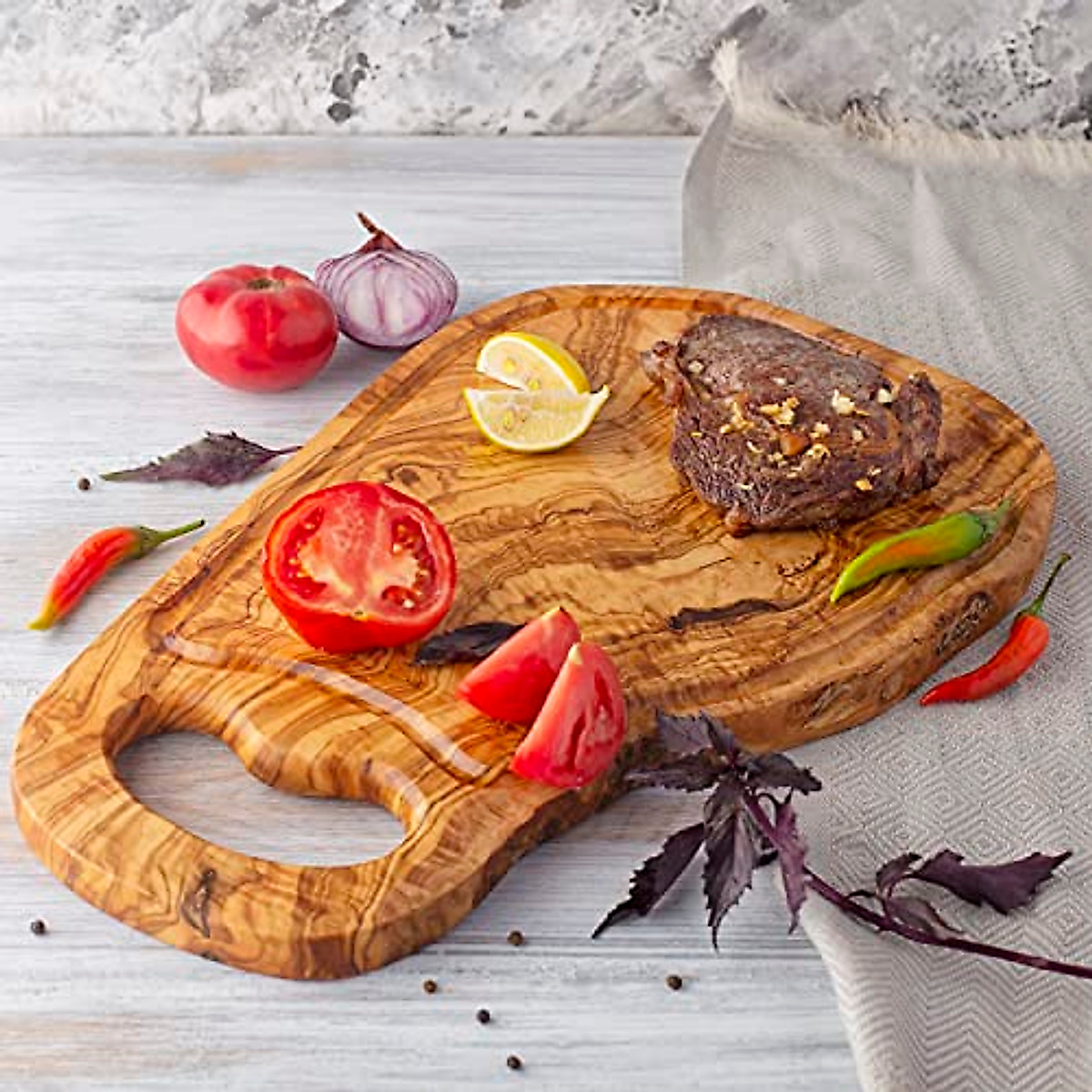 Forest Decor Olive Wood Cutting Board, Wooden Board with Juice Groove, Steak Board for Barbeque, Grilling Meat, Handcrafted Charcuterie Cheese Serving Board, Chopping and Carving Block, 16x6.5