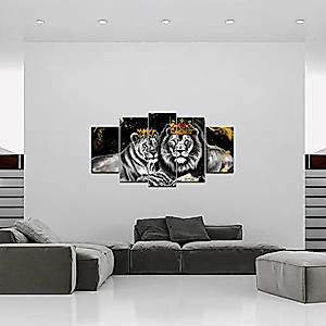 OuElegent 5 Piece Lion and Lioness Pictures Wall Decor King and Queen with Golden Crown Canvas Painting African Animal Poster Artwork for Living Room Bedroom Framed Ready to Hang