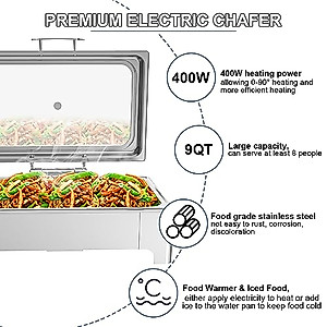 THXSUN Electric Chafing Dish Buffet Set, 9QT Stainless Steel Chaffing Dishes, 400W Buffet Servers and Warmers with Glass Lid, 9 Heating Levels, Food Warmers Chafers for Party Catering (1/1 Full Size)