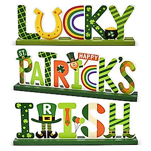 3 St Patrick's Day Wooden Table Decorations Centerpiece Green Shamrock Lucky Irish Tabletop Sign Saint Patrick Party Decor for Fireplace Mantle Shelf Office Desk Dining Room Kitchen & Home