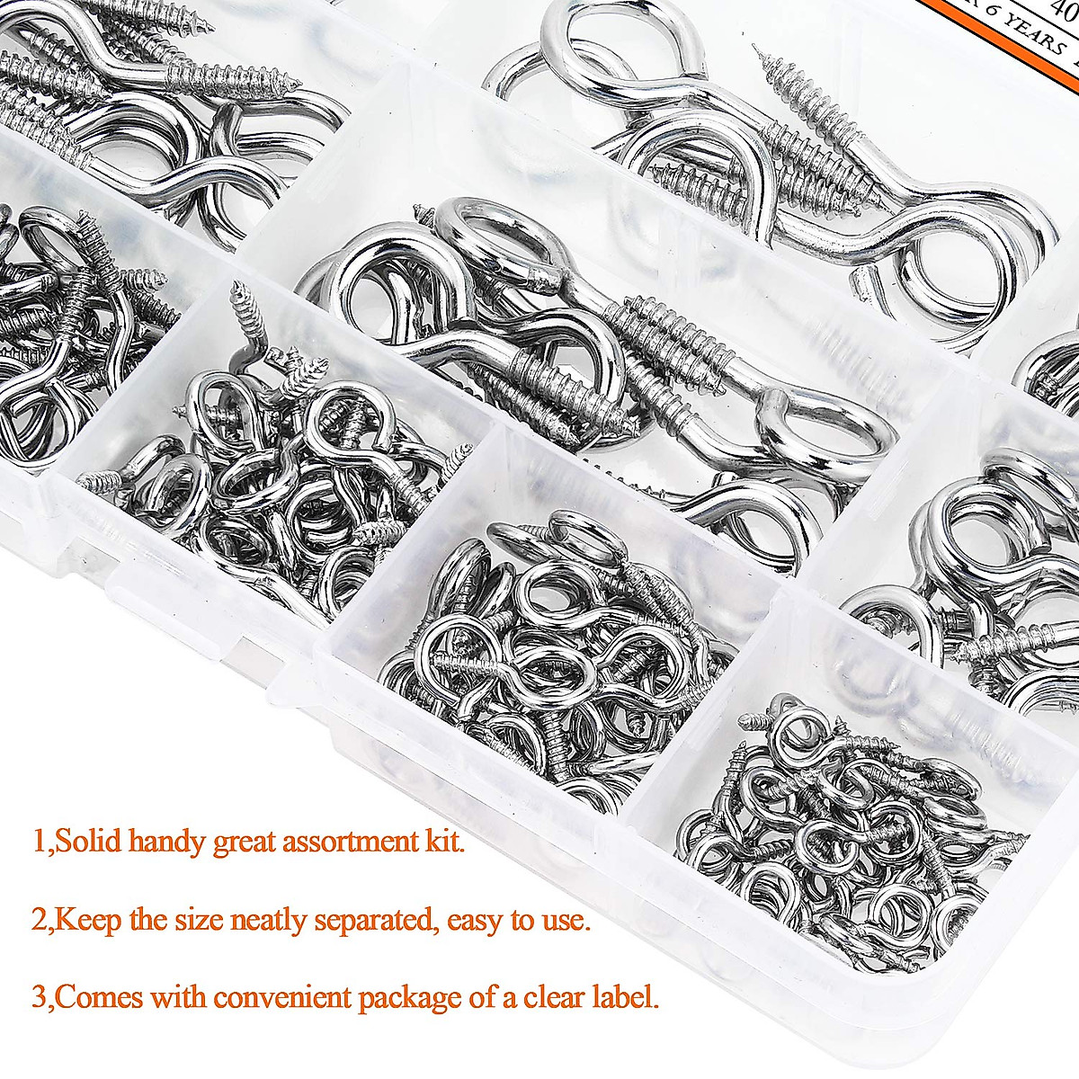 HELIFOUNER 200 Pieces 11 Sizes Nickel Plated Steel Screw Eyes Assortment Kit