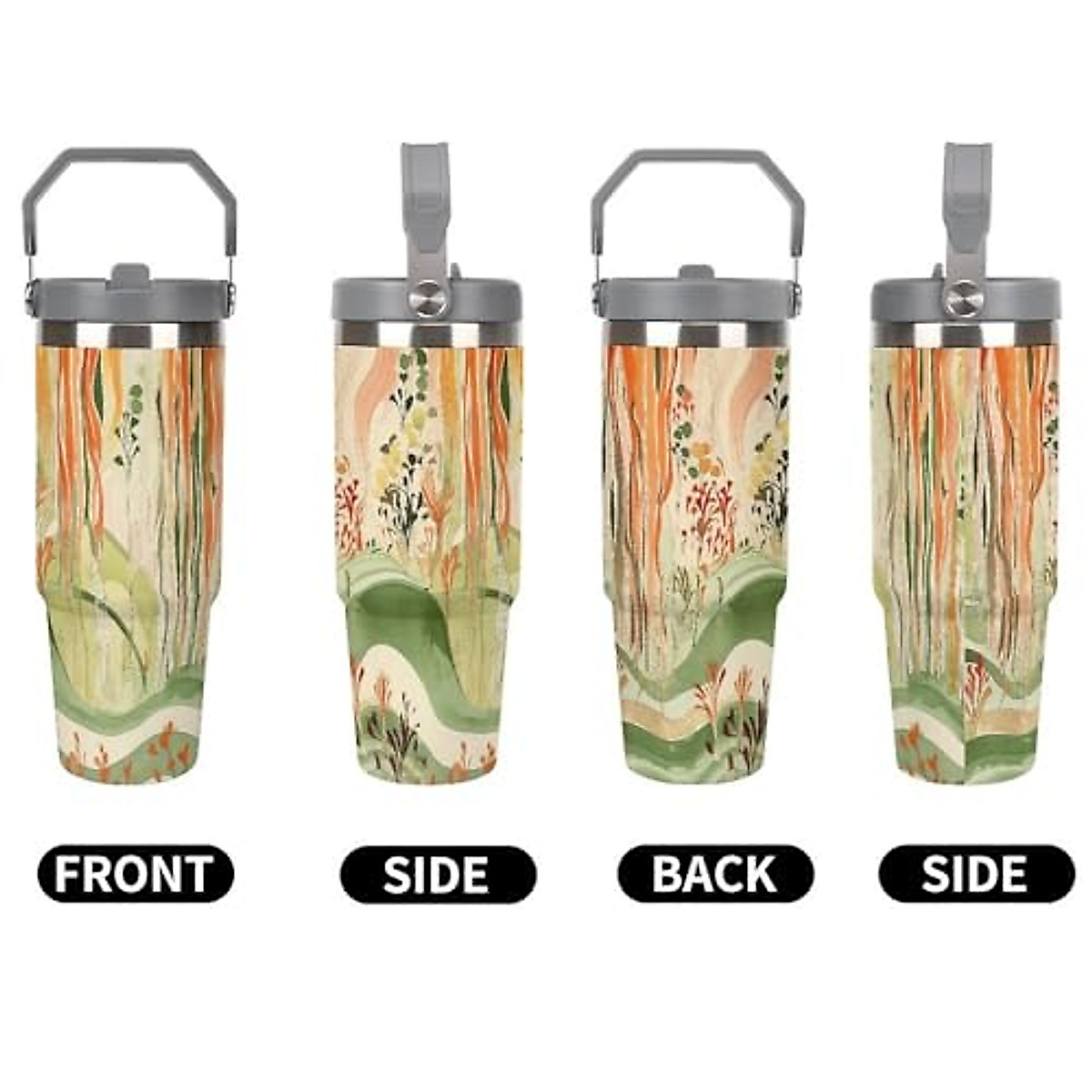 ZJCDPBR 30 Oz Tumbler with Foldable Handle And Flip Straw,Green Line Art Vacuum Insulated Travel Coffee Tumblers,Stainless Steel Leak-Proof Water Bottle,Fits in Cup Holder,Keep Cold 24H & Hot 12H